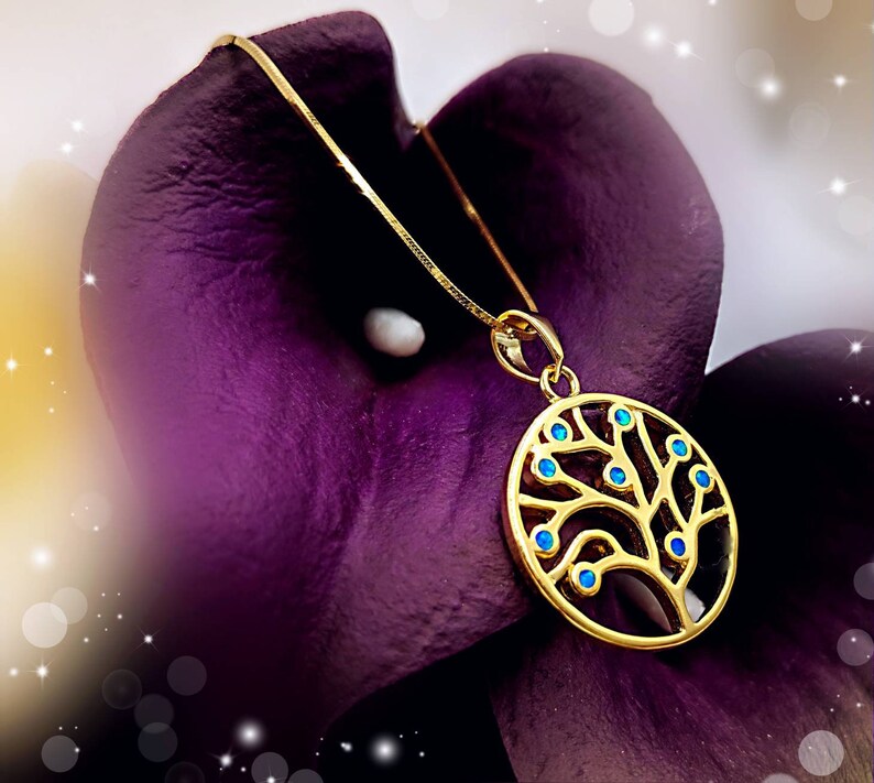 925, Gold, & Blue Opal Tree of Life Necklace; Gold Family Tree; Tree of ...