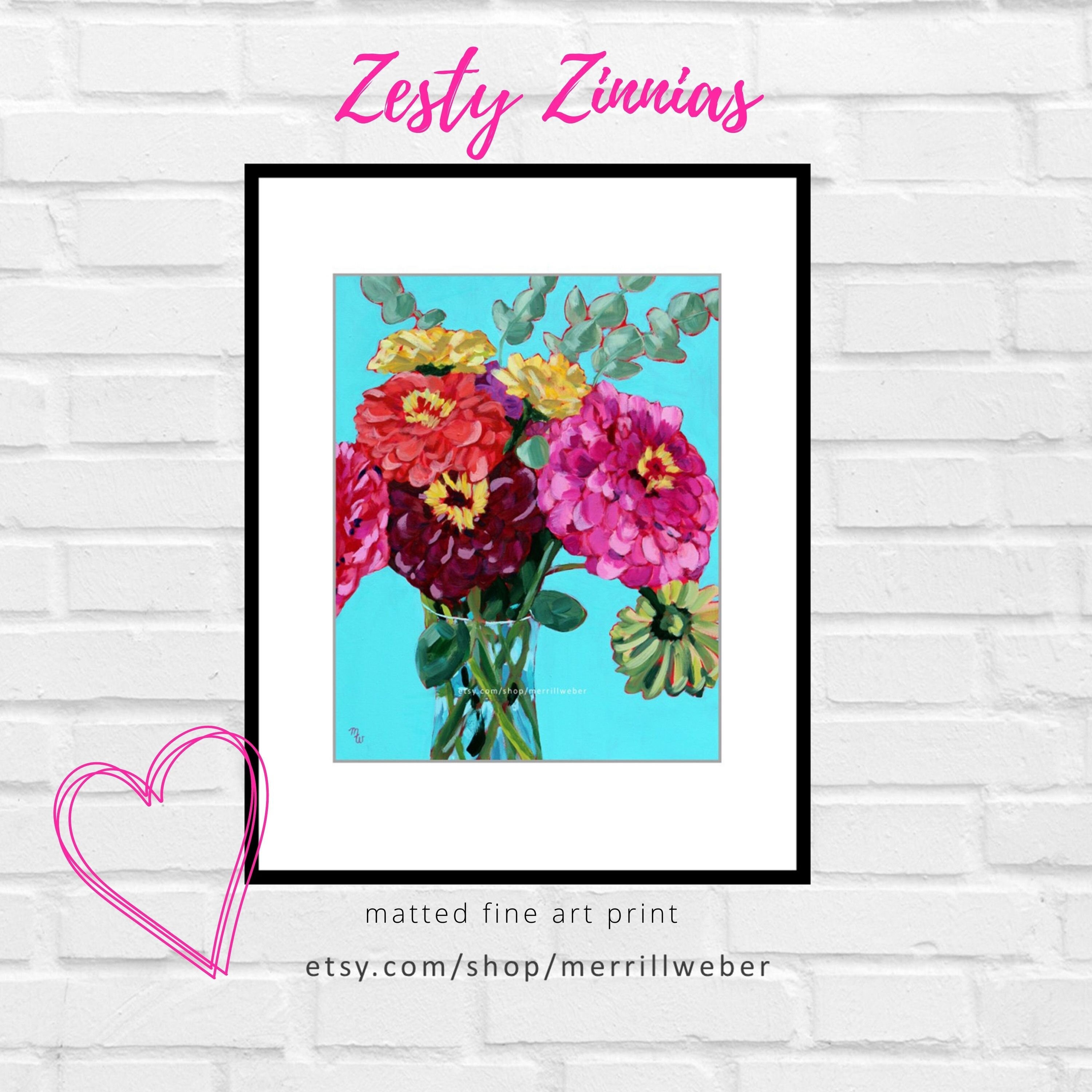 Zesty Zinnias Matted FINE ART PRINT Acrylic Painting Zinnia Print, Wall ...