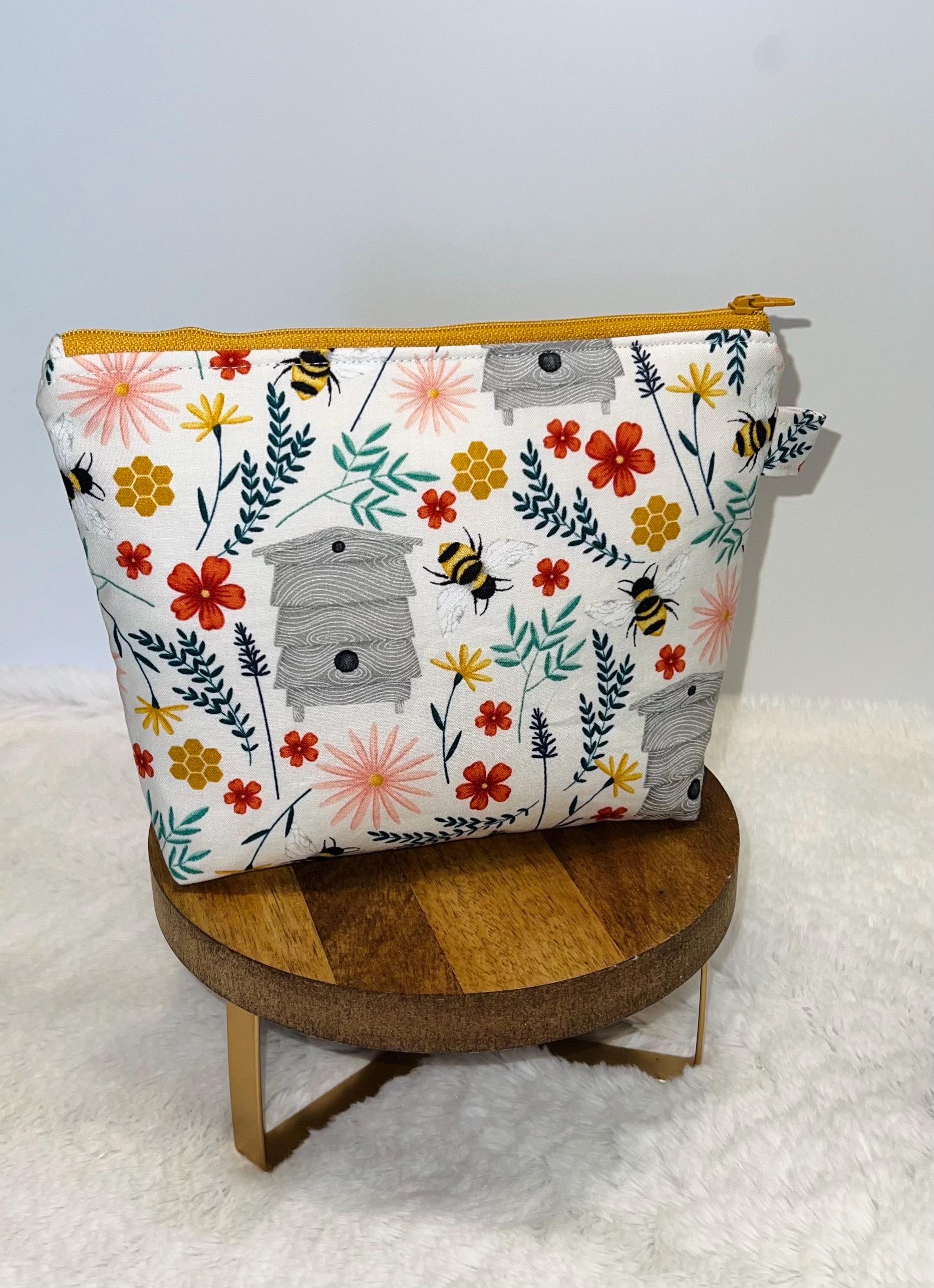 Bumble Bee & Flowers Makeup Bag, Boho Cosmetic Makeup Bag, Boxed Bottom ...