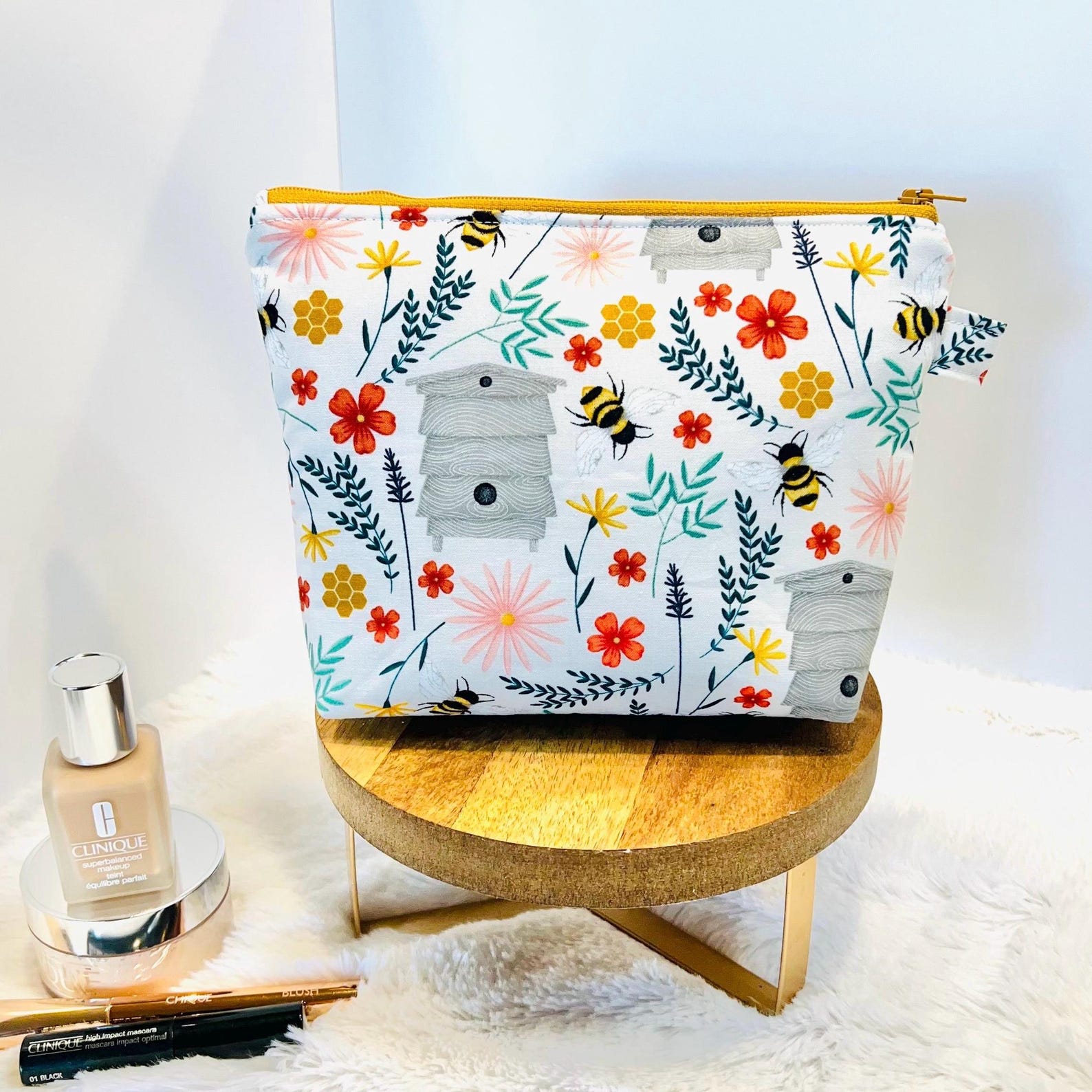 Bumble Bee & Flowers Makeup Bag, Boho Cosmetic Makeup Bag, Boxed Bottom ...