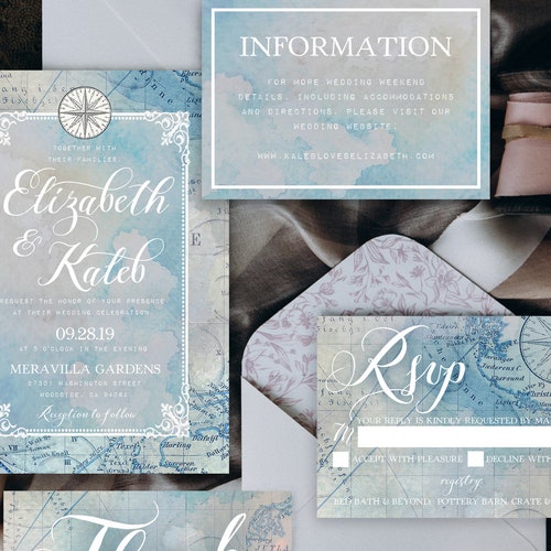Travel Theme Wedding Invitation Suite Vintage Blue Map - Etsy