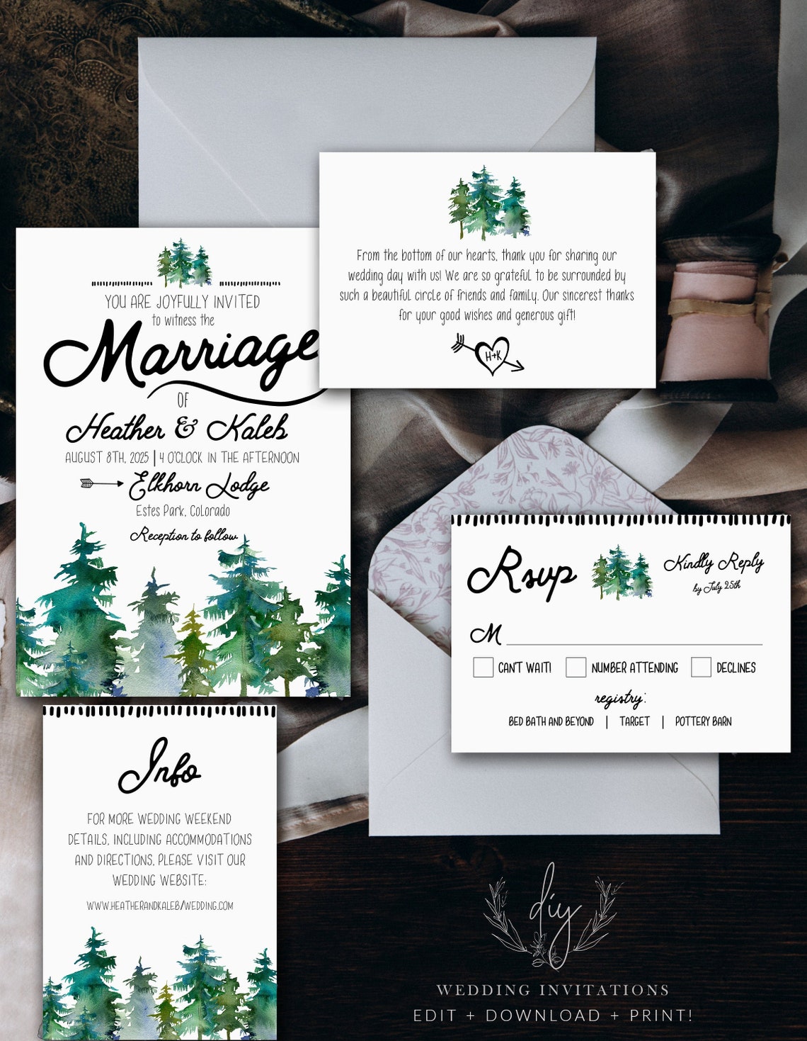 Forest Wedding Invitation Suite Rustic Pine Trees Nature - Etsy