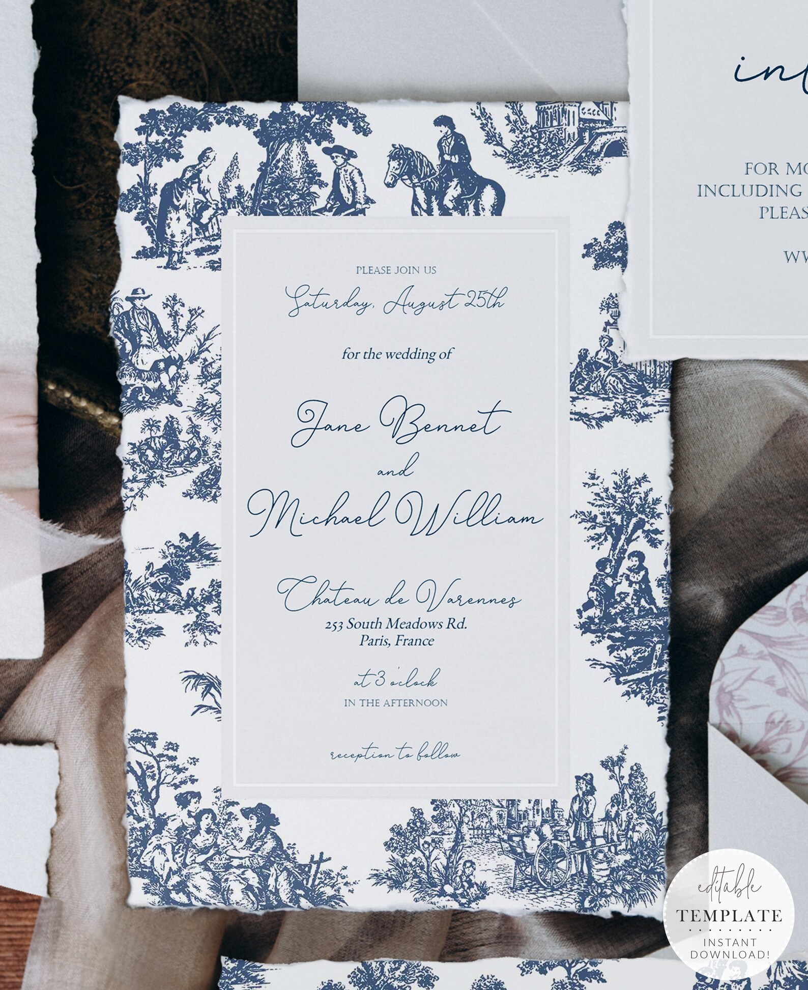 Elegant French Toile Wedding Invitation Suite Printable | Etsy