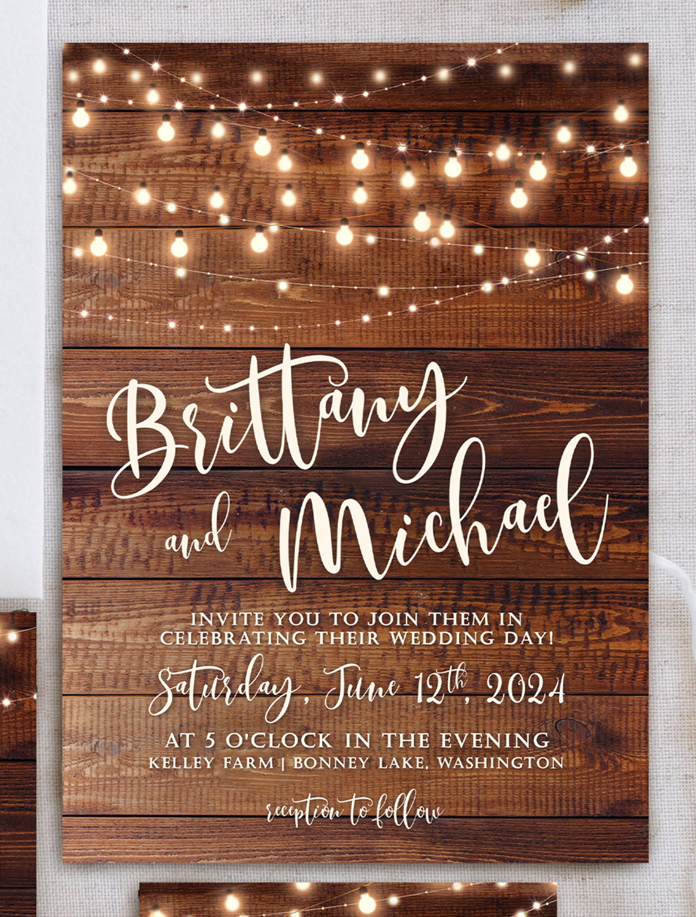 Rustic Wood String Lights Wedding Invitation Suite Printable | Etsy