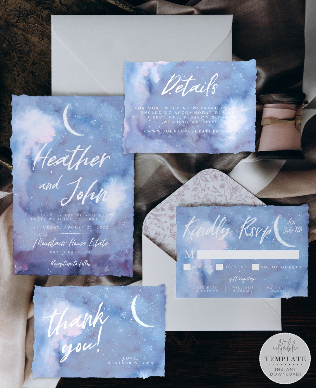 Blue Galaxy Collection, Editable Wedding Invitation Suite, Celestial ...