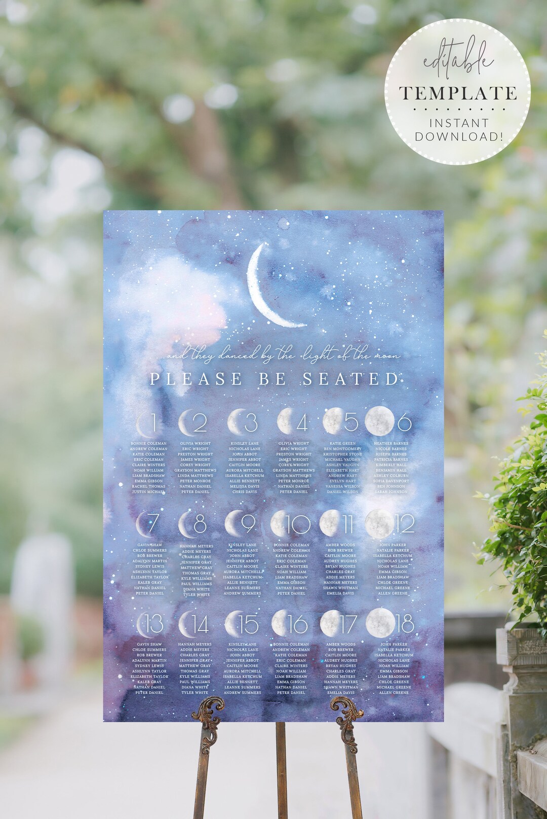 Moon Phases Seating Chart, Editable Template, Printable, Table Seating ...