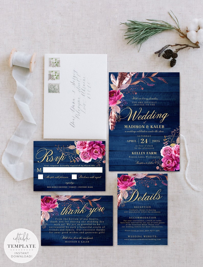 Blue Rustic Floral Wedding Invitation Suite Boho - Etsy
