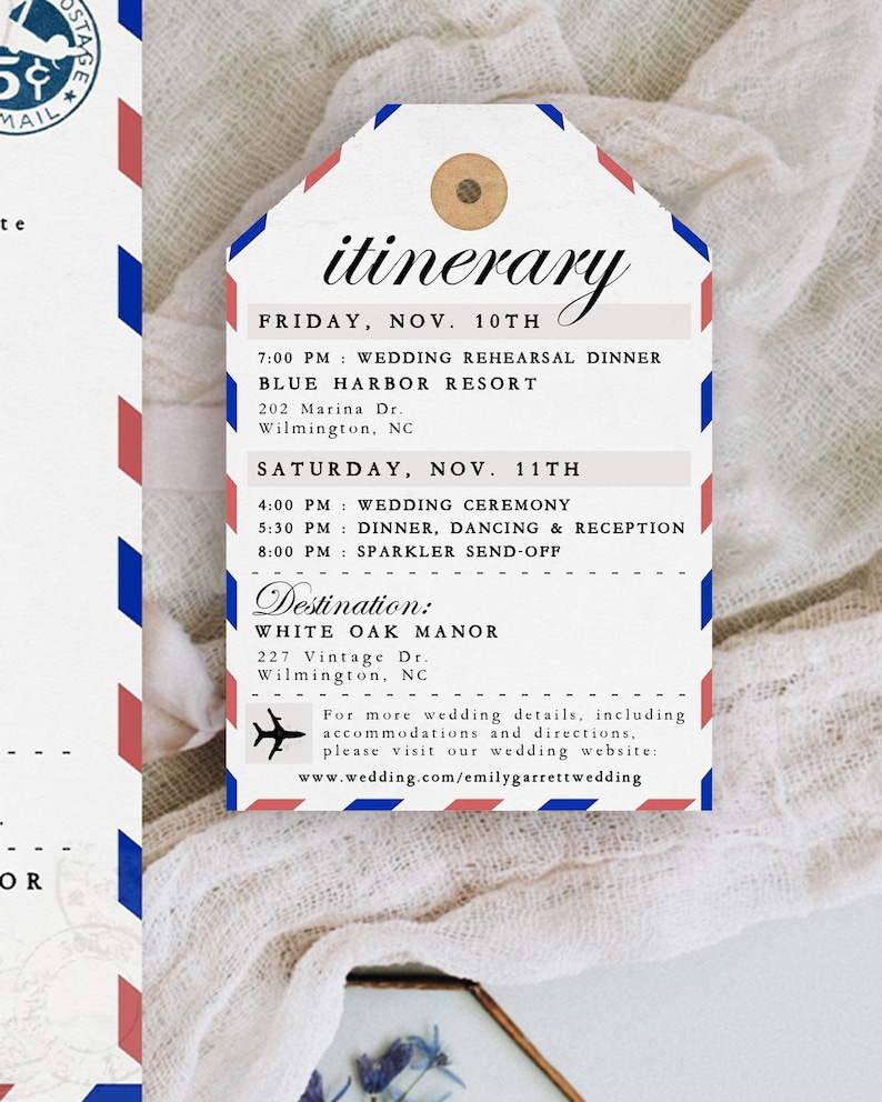 Vintage Airmail Wedding Invitation Suite Luggage Tag Info - Etsy