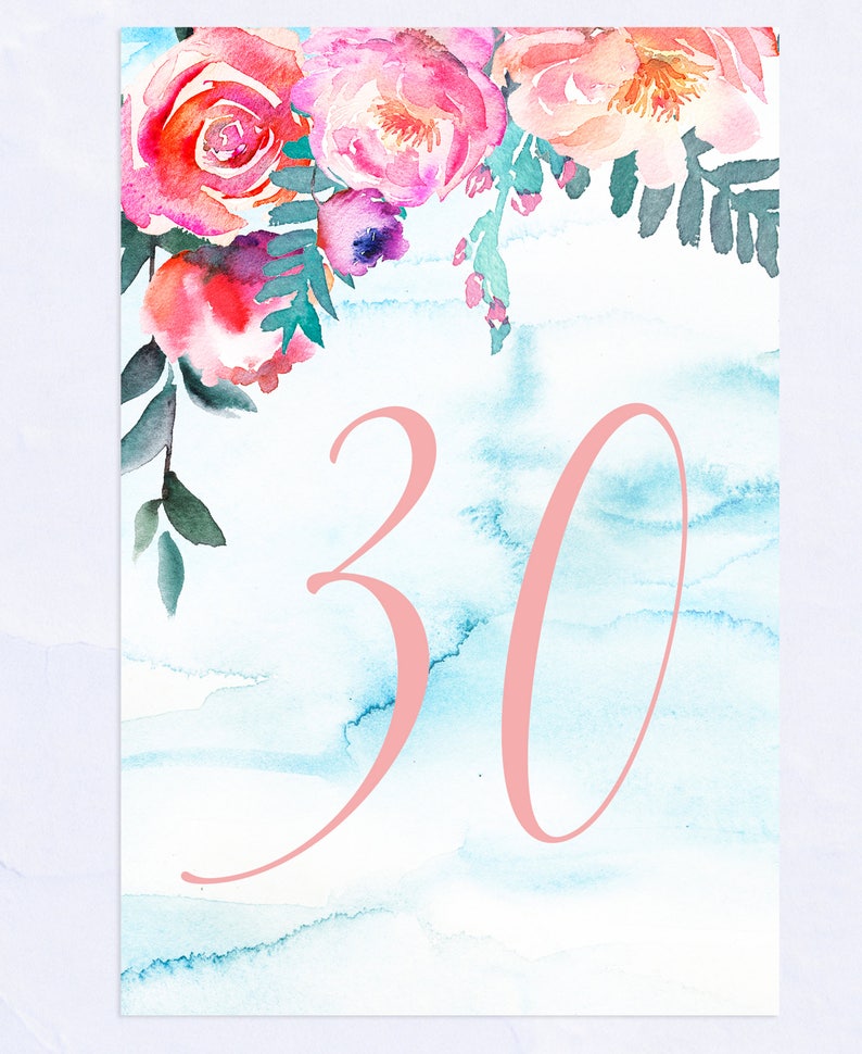 Watercolor Table Numbers 1-30 Floral Boho Garden Weddings - Etsy