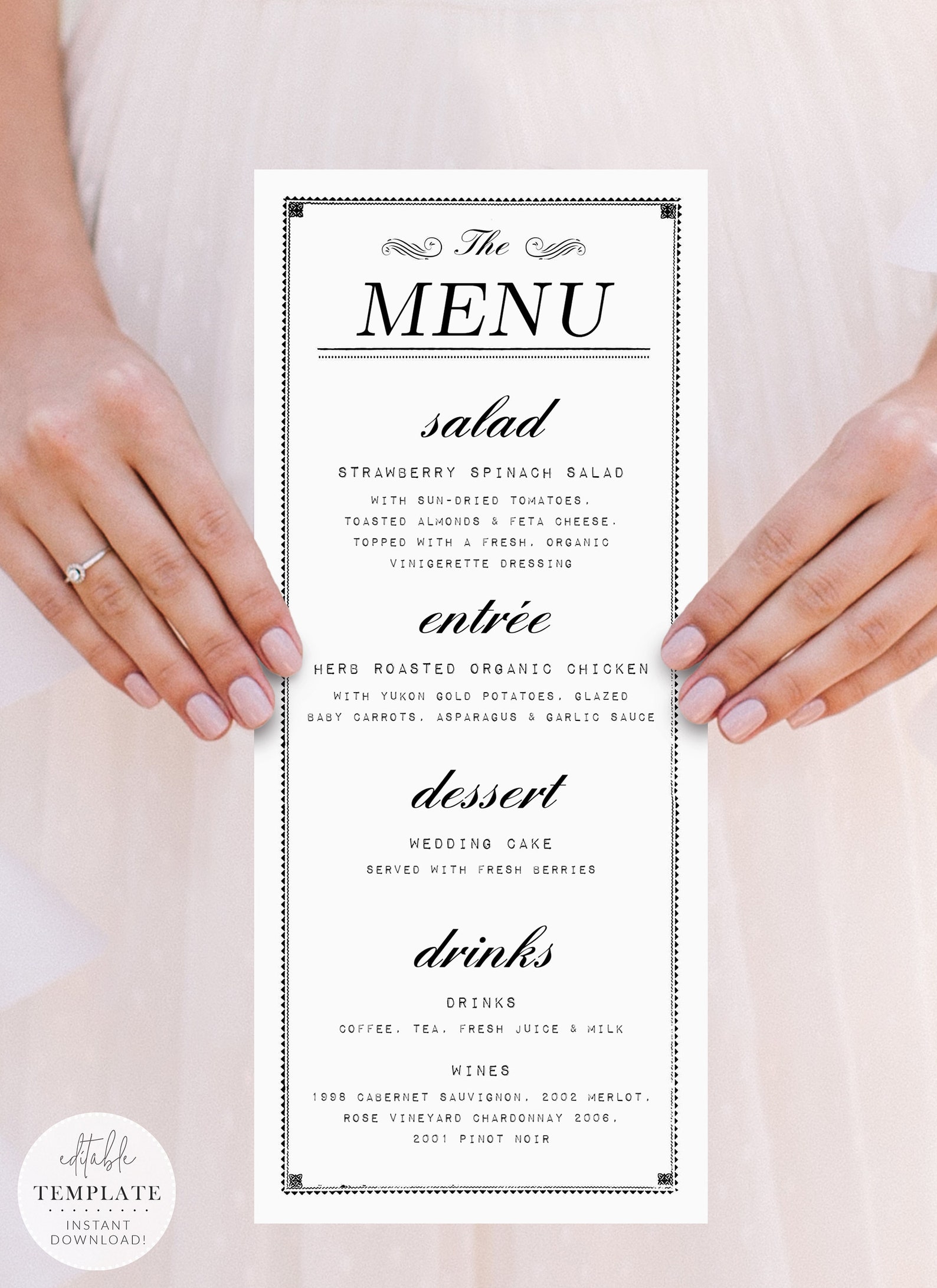 Vintage Wedding Menu Elegant/classy Printable Editable - Etsy