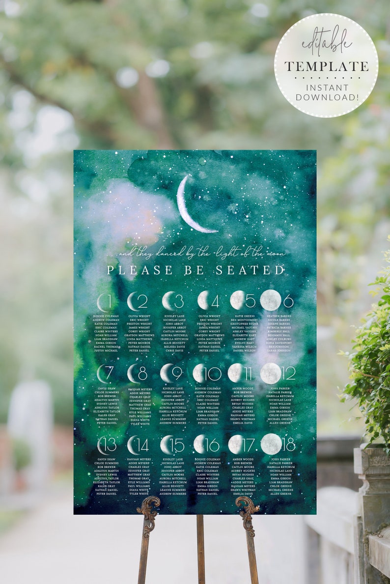 Moon Phases Seating Chart Editable Template Printable Table - Etsy