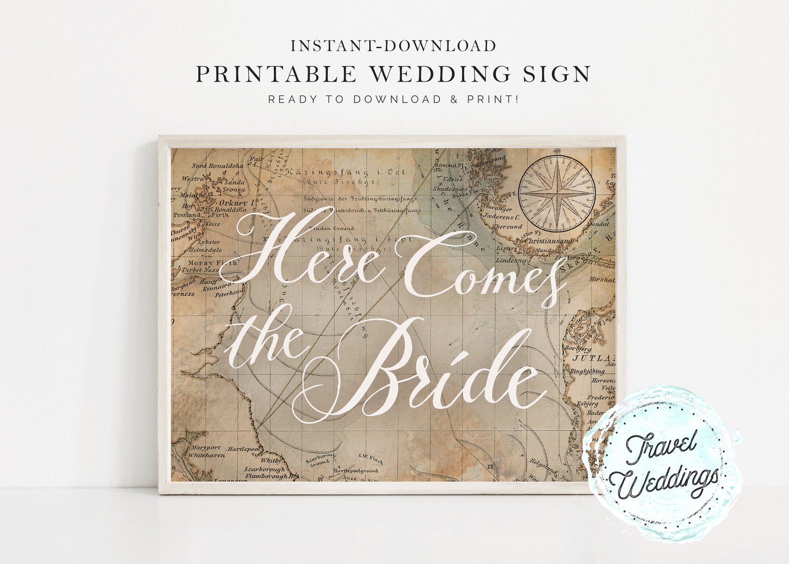 Printable "here Comes the Bride" Wedding Sign, Map Travel Theme ...