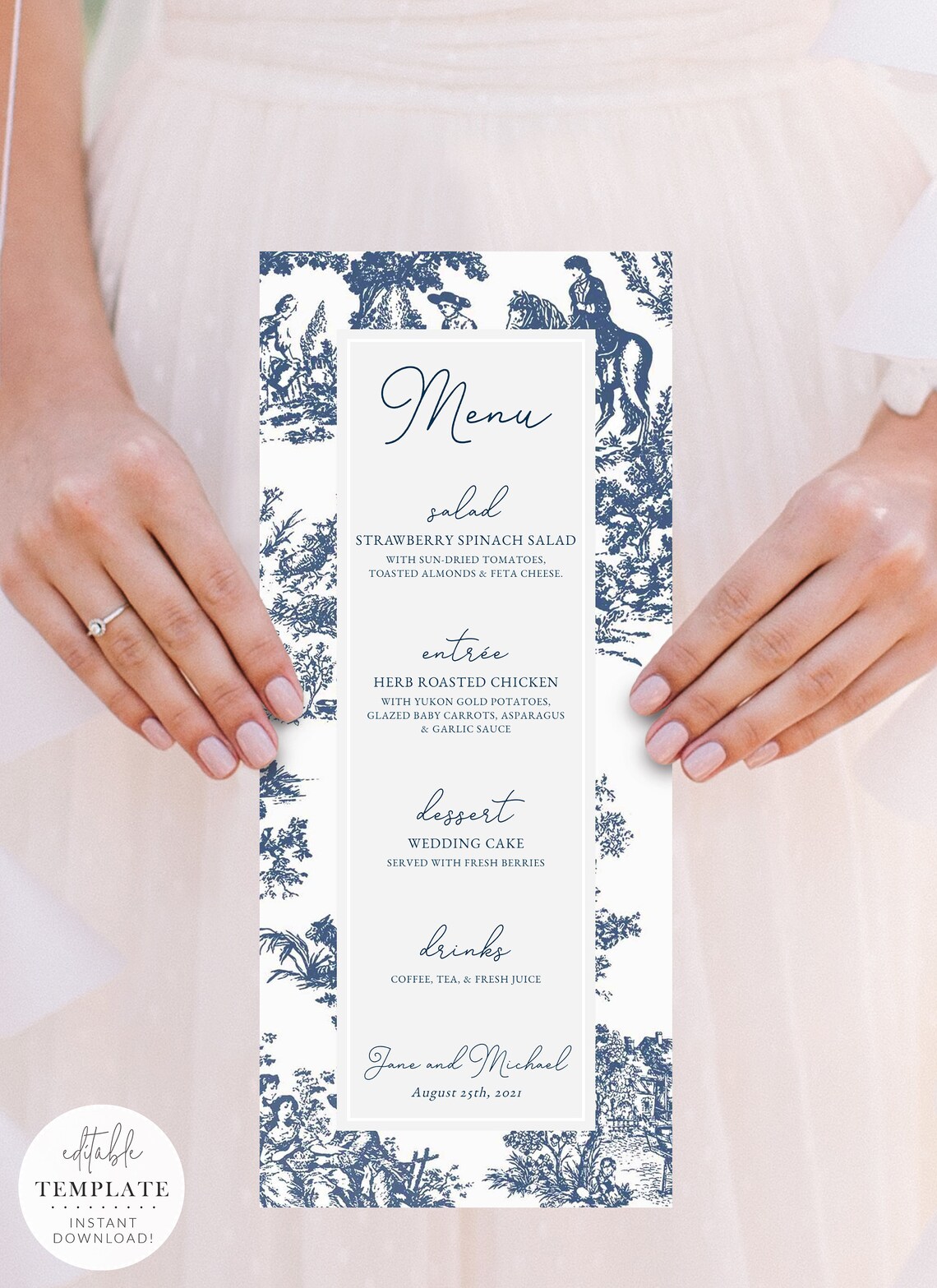Elegant French Toile Wedding Menu, Printable, Editable Template ...