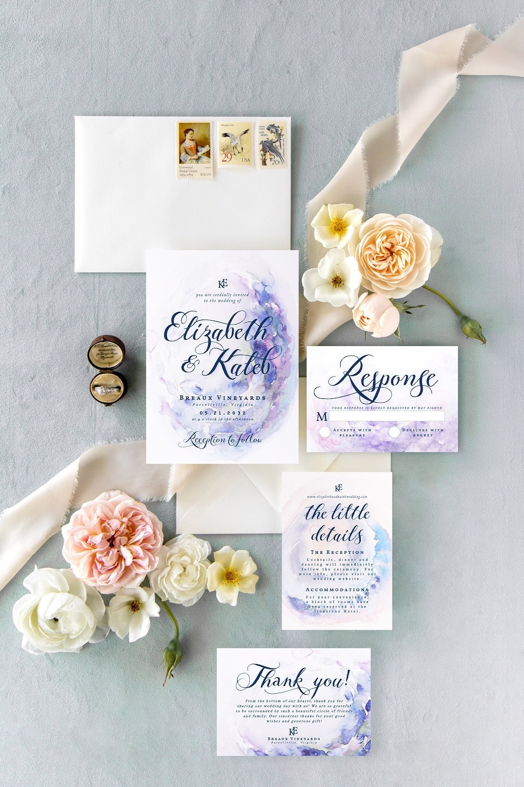 Watercolor Ethereal Wedding Invitation Suite, Purple, Blue, Blush Pink ...