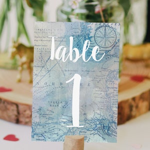 Travel-theme Table Numbers, Editable Template, Vintage Blue Map ...