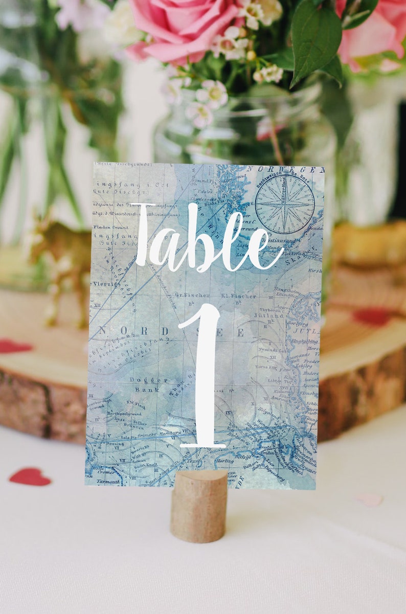 Travel-Theme Table Numbers Editable Template Vintage Blue | Etsy