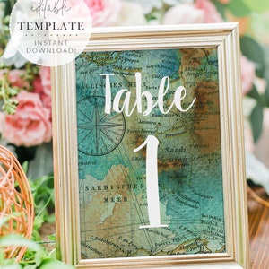 Editable Travel-theme Table Numbers Template, Vintage Map, Instant ...