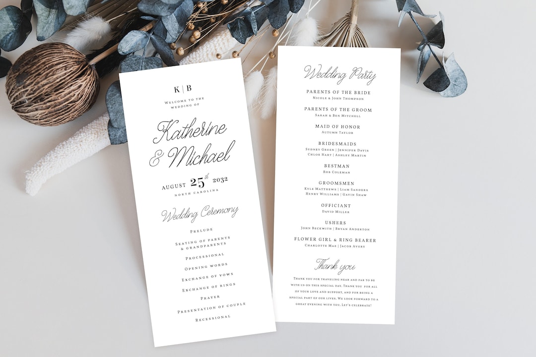 Minimalist Wedding Program Template, Ceremony Program Card, Order of ...