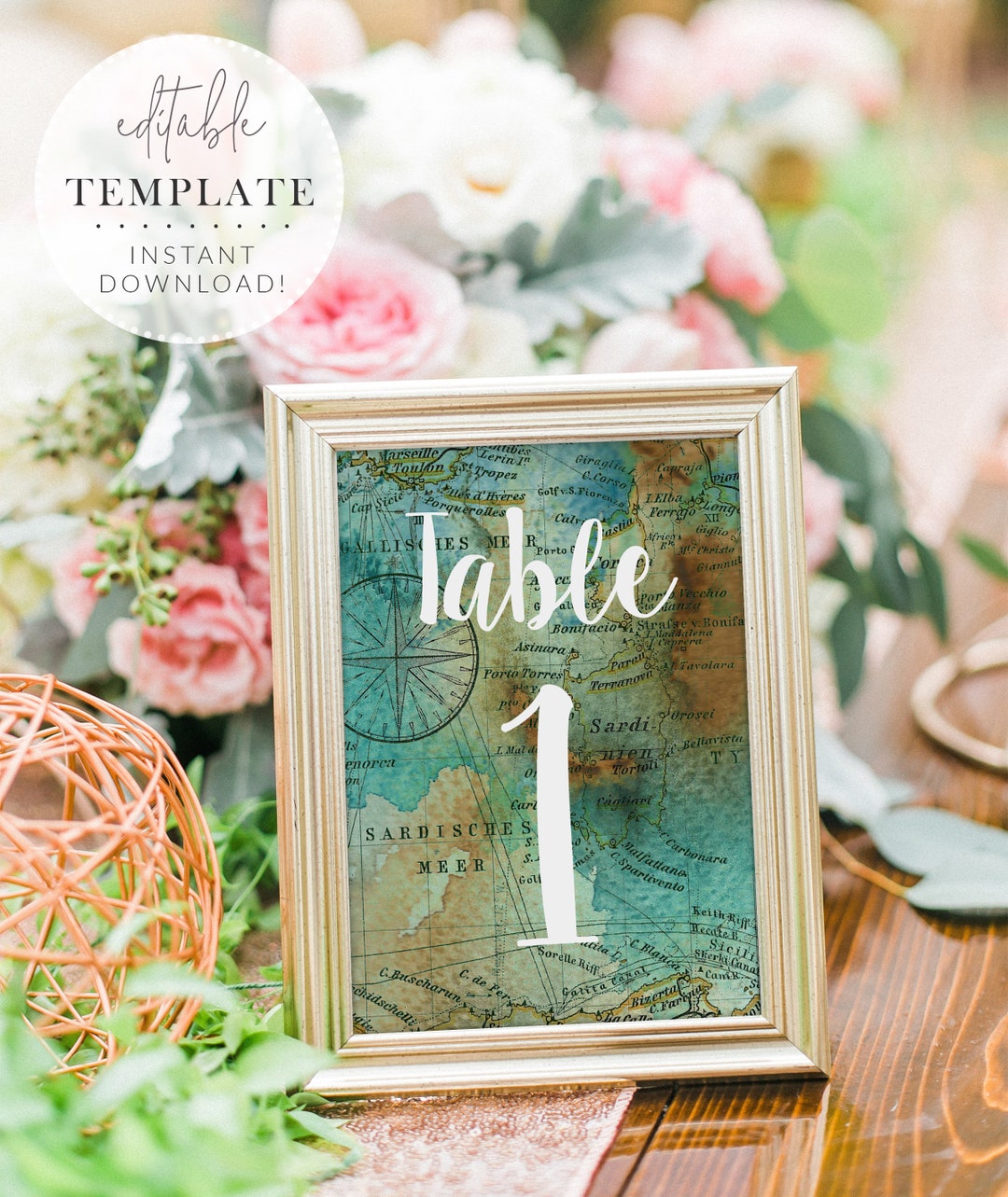 Editable Travel-theme Table Numbers Template, Vintage Map, Instant ...