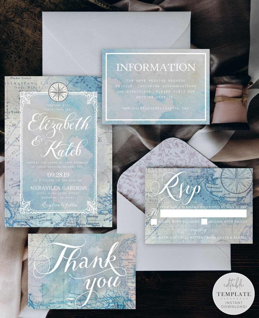 Travel Theme Wedding Invitation Suite! Vintage Blue Map, Editable ...