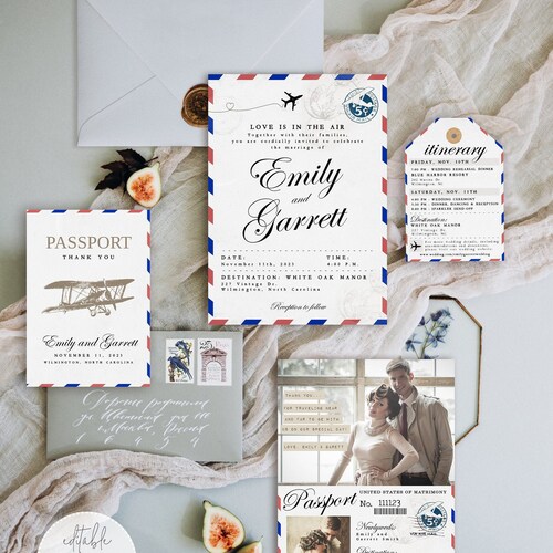 Vintage Airmail Wedding Invitation Suite Luggage Tag Info - Etsy