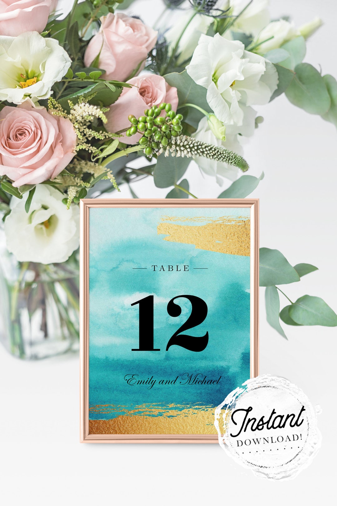 Editable Table Numbers Template, Turquoise and Gold, Printable, Instant ...