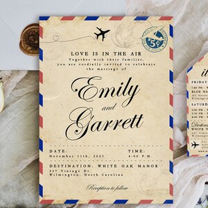 Vintage Airmail Wedding Invitation Suite! Luggage Tag Info Card ...