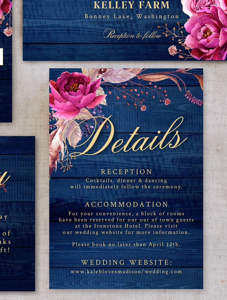 Blue Rustic Floral Wedding Invitation Suite Boho | Etsy