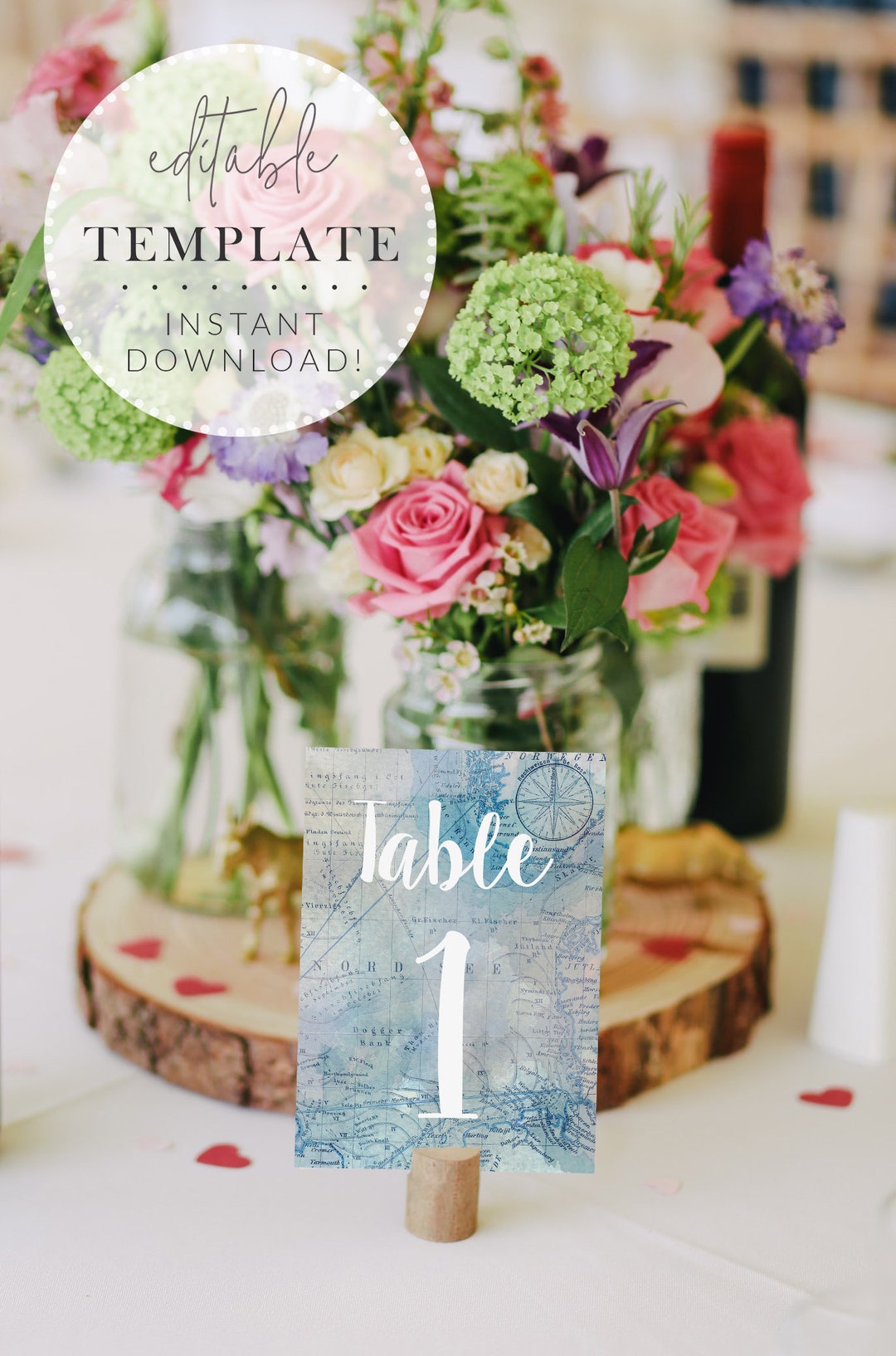 Travel-theme Table Numbers, Editable Template, Vintage Blue Map ...