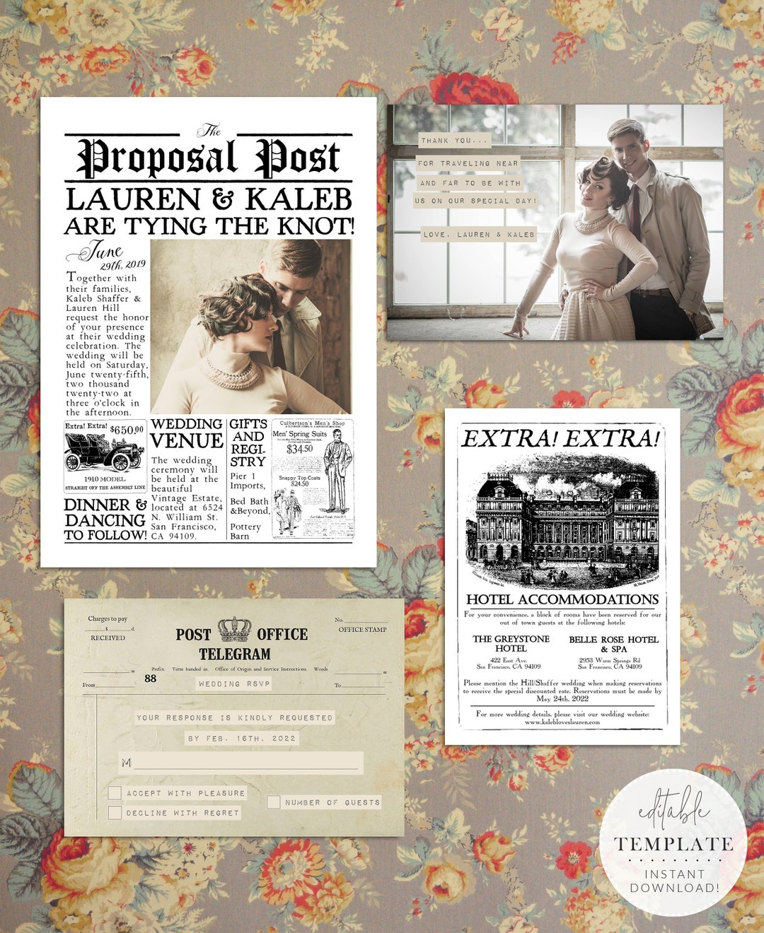 Vintage 1920s Inspired Newspaper Wedding Invitation Suite, "the ...