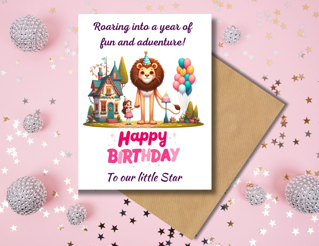 Whimsical Lion Birthday Card for Girls, Cute Illustrated Kids' Birthday ...