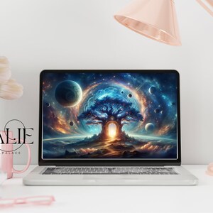 Digital Magical Celestial Tree of Life Wallpaper Enchanting Fantasy Landscape, Starry Sky ...