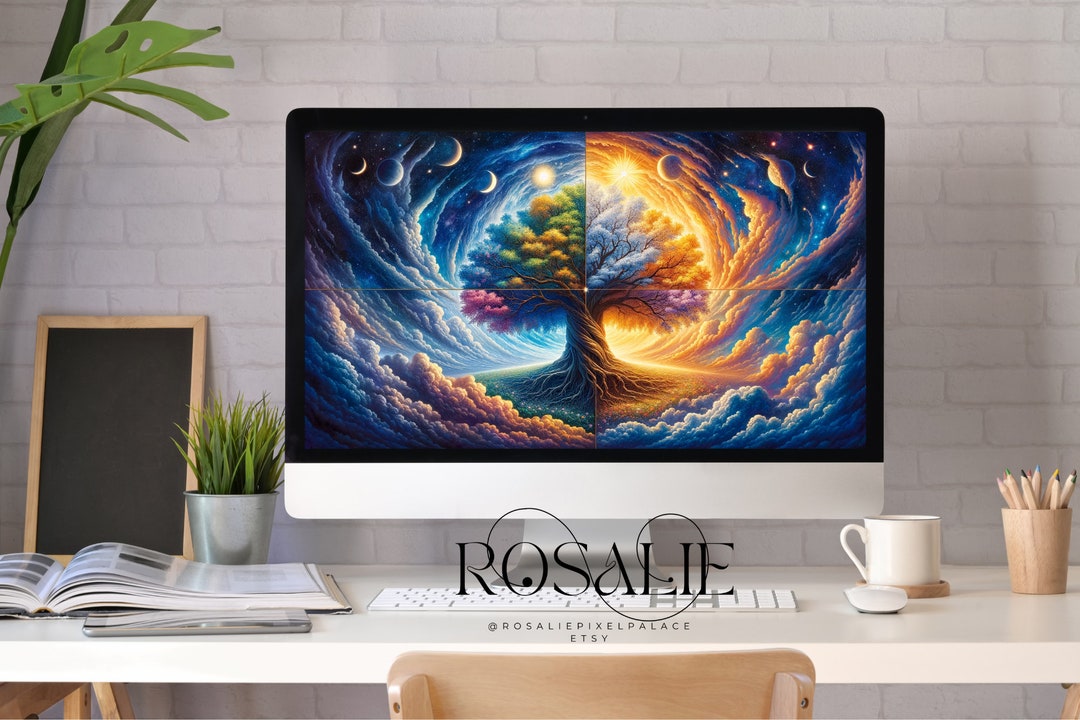 Digital Magical Celestial Tree of Life Wallpaper Enchanting Fantasy Landscape, Starry Sky ...