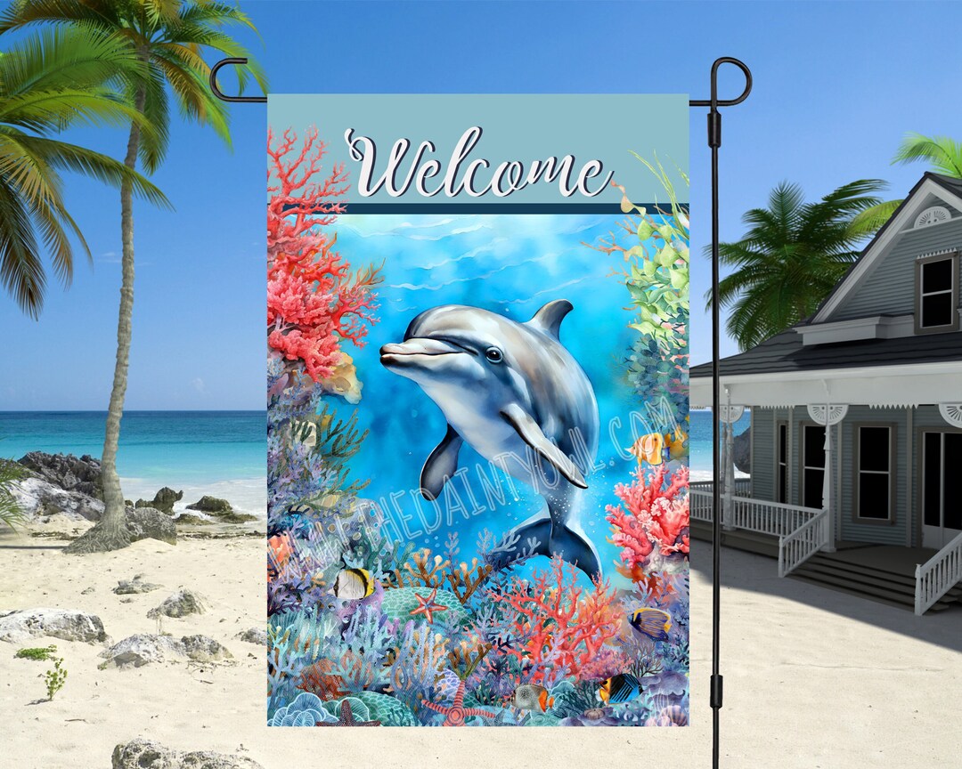 Dolphin and Coral Reef Beach Flag Design 12x18 Yard Flag Sublimation ...