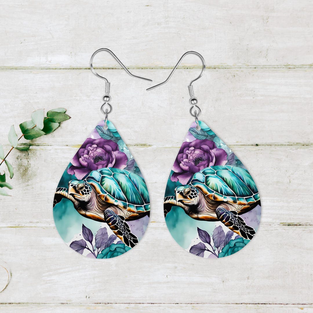 Sea Turtle Earring Sublimation PNG Set Purple and Teal Sea Turtle ...