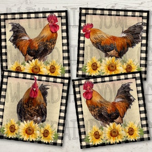 Country Roosters 4x4 Inch Collage Sheet, Coaster Designs, Rooster ...