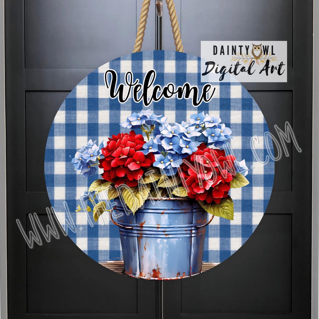 Farmhouse Geranium Hydrangea Welcome Sign: Patriotic Door Round (PNG ...