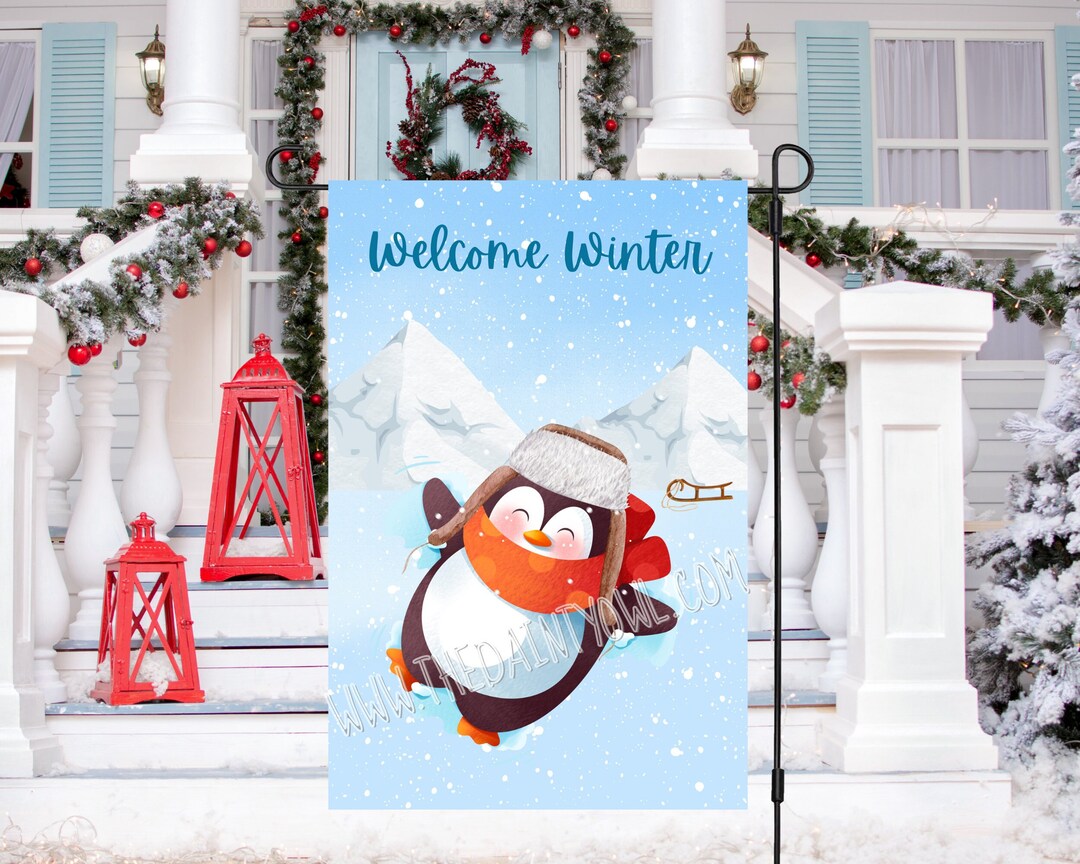 Welcome Winter Penguin Digital Flag PNG Ice Skating Penguin Winter ...