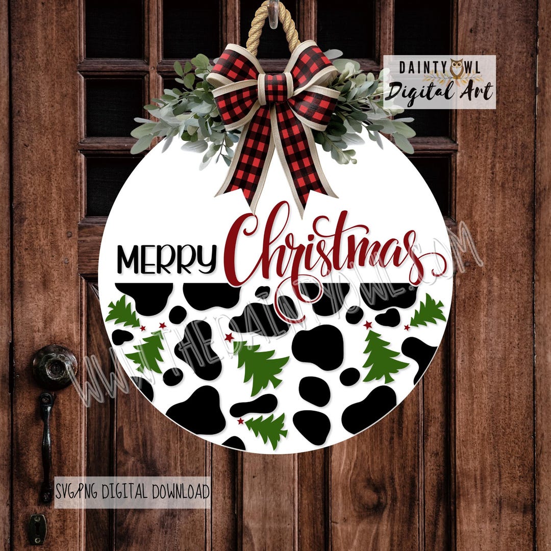 Christmas Door Round Sign SVG: Cowhide & Trees - Farmhouse Digital Art ...