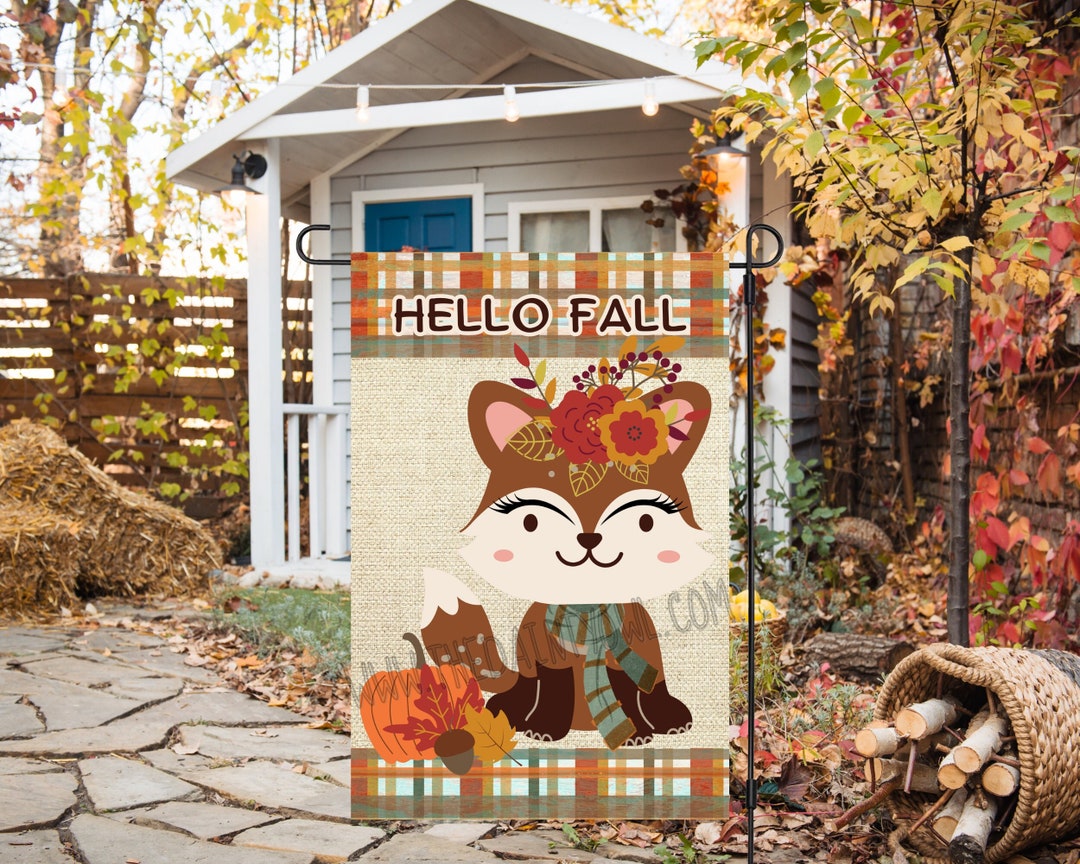 Cute Fox Hello Fall and Pumpkin Digital Flag Graphic 12x18 Garden Flag ...