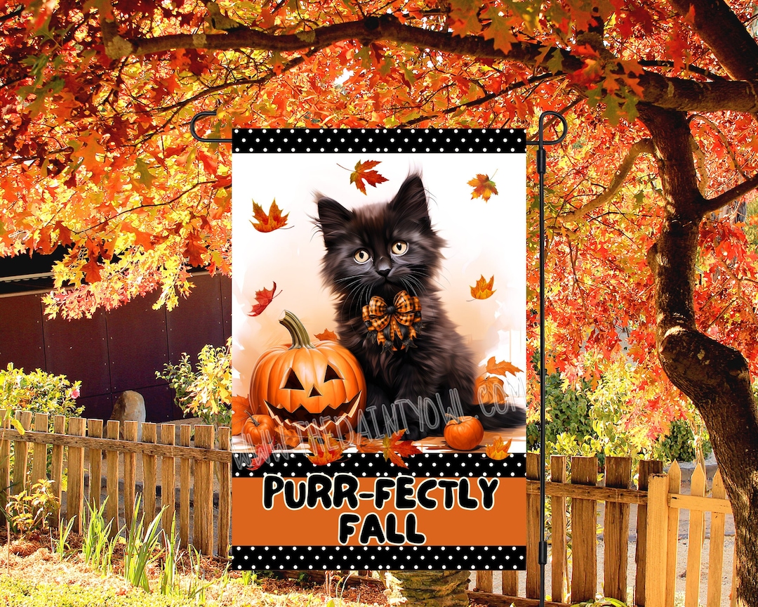 Black Cat With Pumpkins and Autumn Leaves 12x18 Garden Flag Sublimation ...