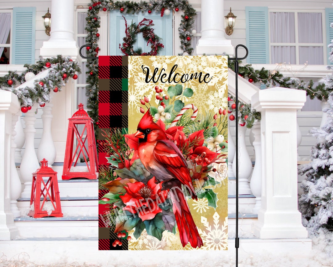 Christmas Cardinal and Candy Cane Poinsettias 12x18 Garden Flag ...