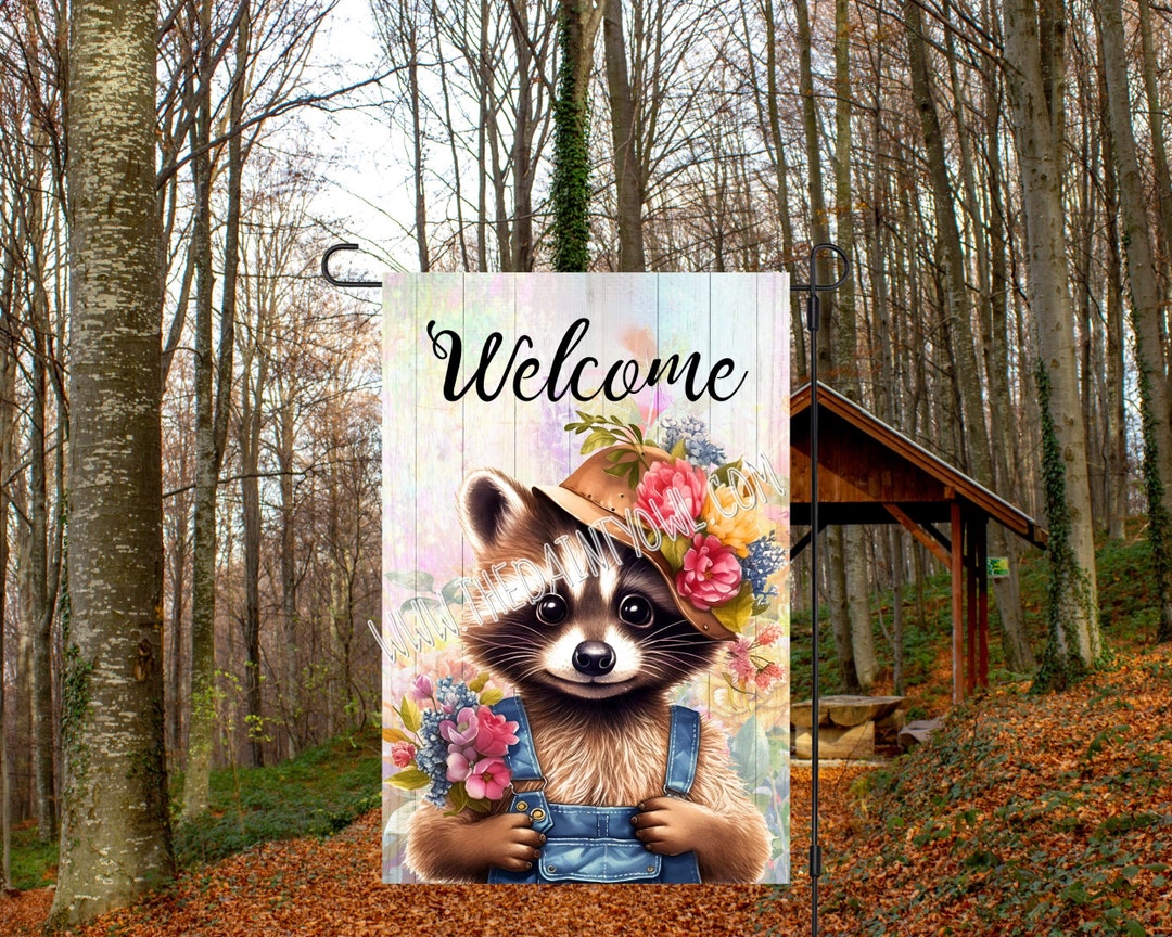 Raccoon in Overalls and Hat With Flowers Welcome Flag PNG 12x18 Garden ...