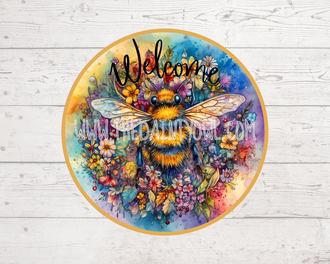 12x12 Round Door Sign Printable Watercolor Welcome Bumblebee ...
