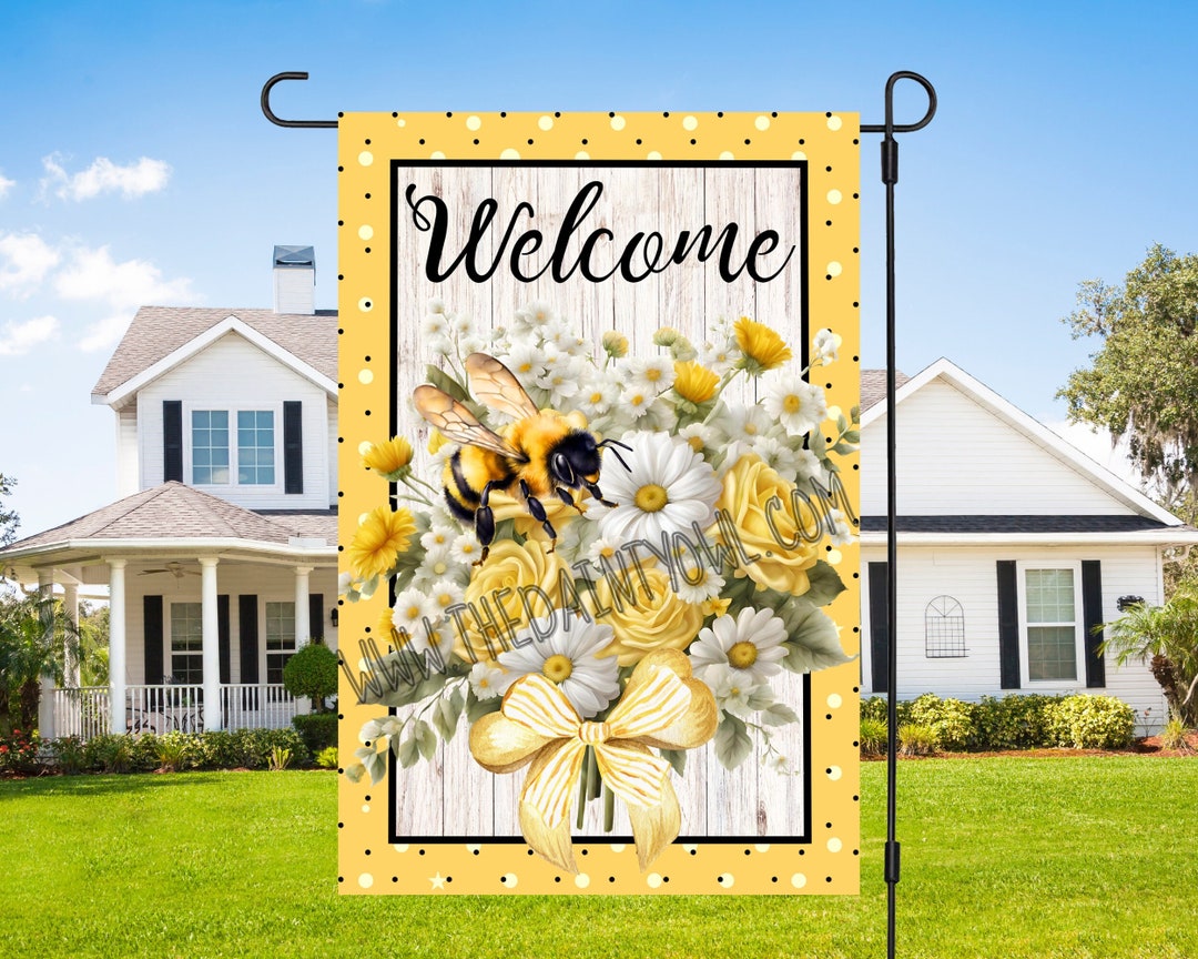 Honey Bee Florals and Polka Dots Welcome Flag Design 12x18 Garden Flag ...