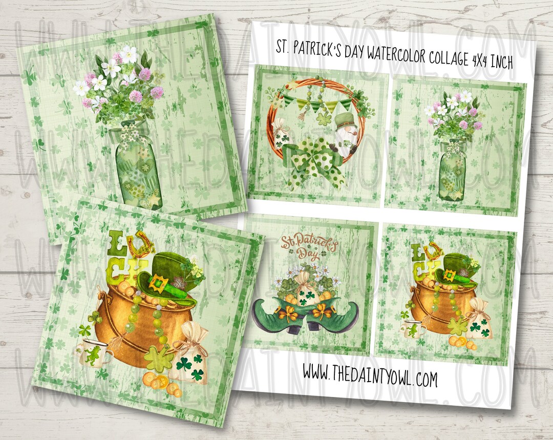St Patrick's Day Watercolor Collage 4x4 Inch Printable JPG Leprechaun ...