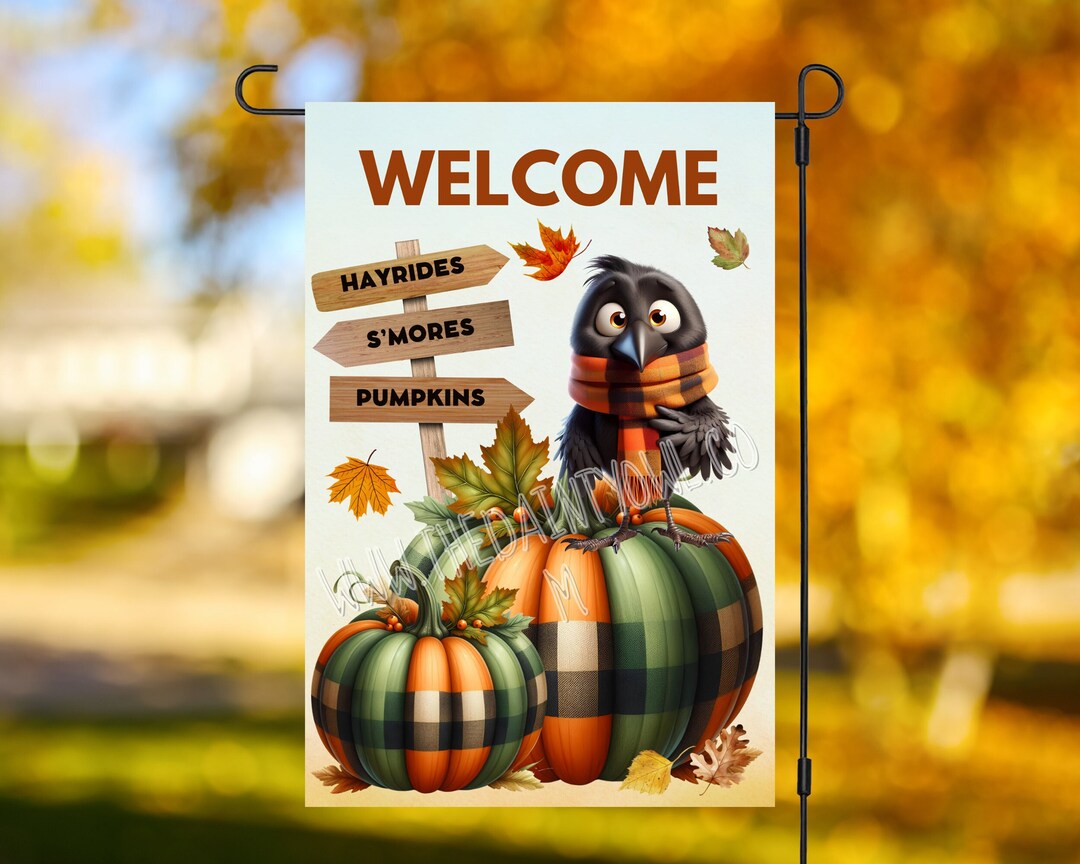 Welcome Pumpkin Patch Crow 12x18 Flag Sublimation PNG Cute Fall Crow ...