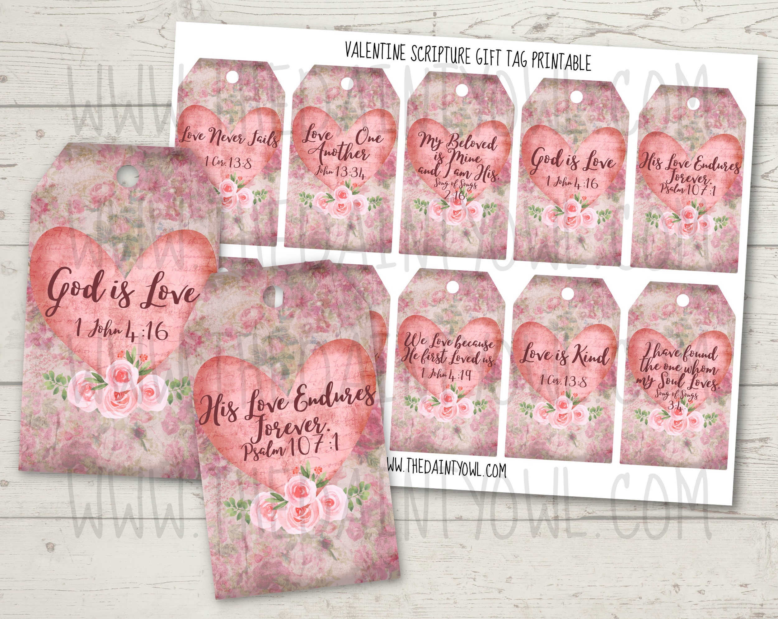 Valentine Scripture Gift Tags: Shabby Chic Pink Hearts (digital ...