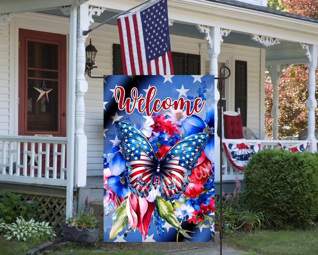 Patriotic Butterfly Florals and Stars Digital Design Red White Blue ...