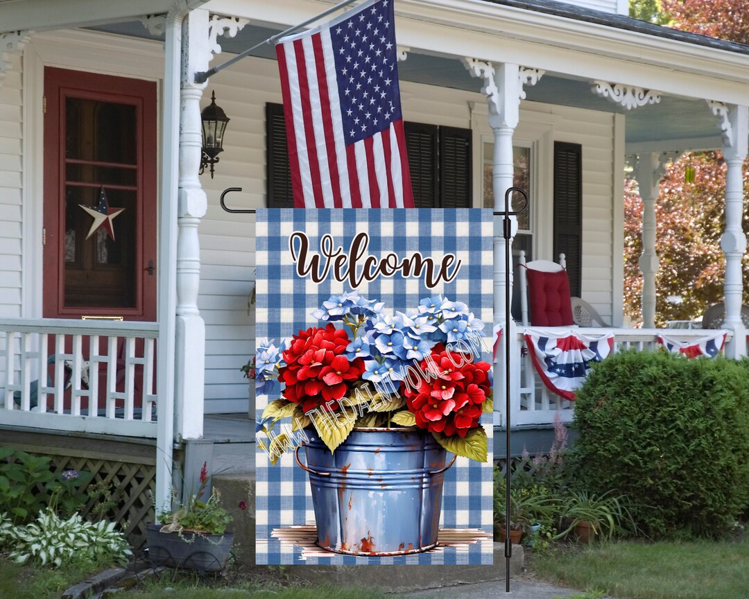 12x18 Garden Flag PNG Red Geraniums Blue Hydrangeas Farmhouse Bouquet ...